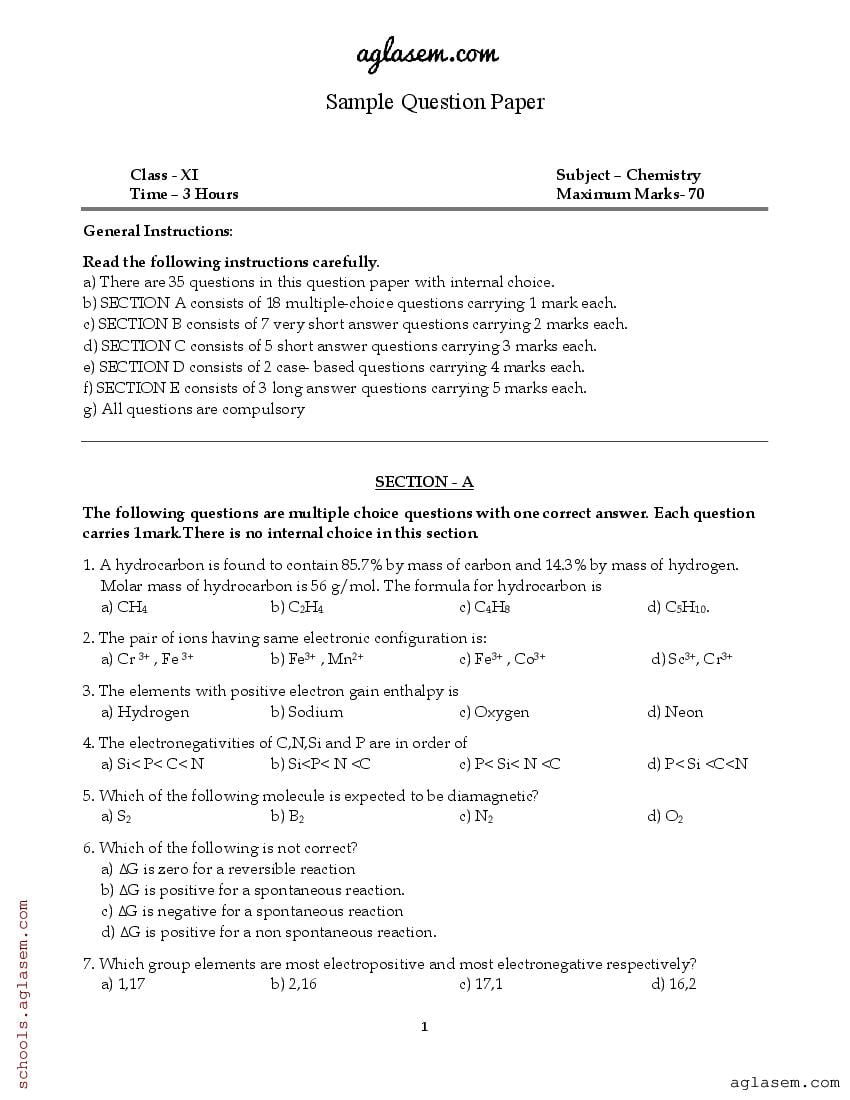 CBSE Class 11 Chemistry Sample Paper 2024 PDF