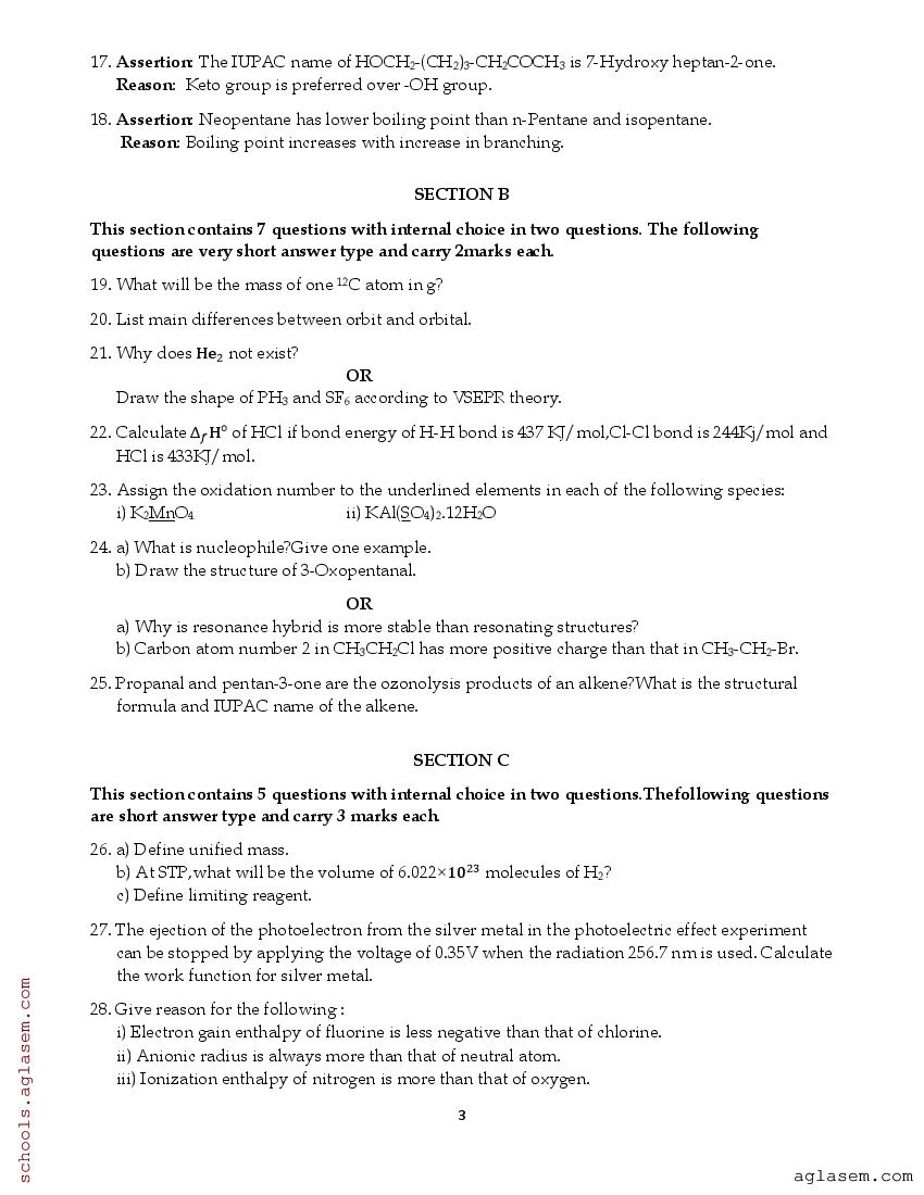 CBSE Class 11 Chemistry Sample Paper 2024 PDF