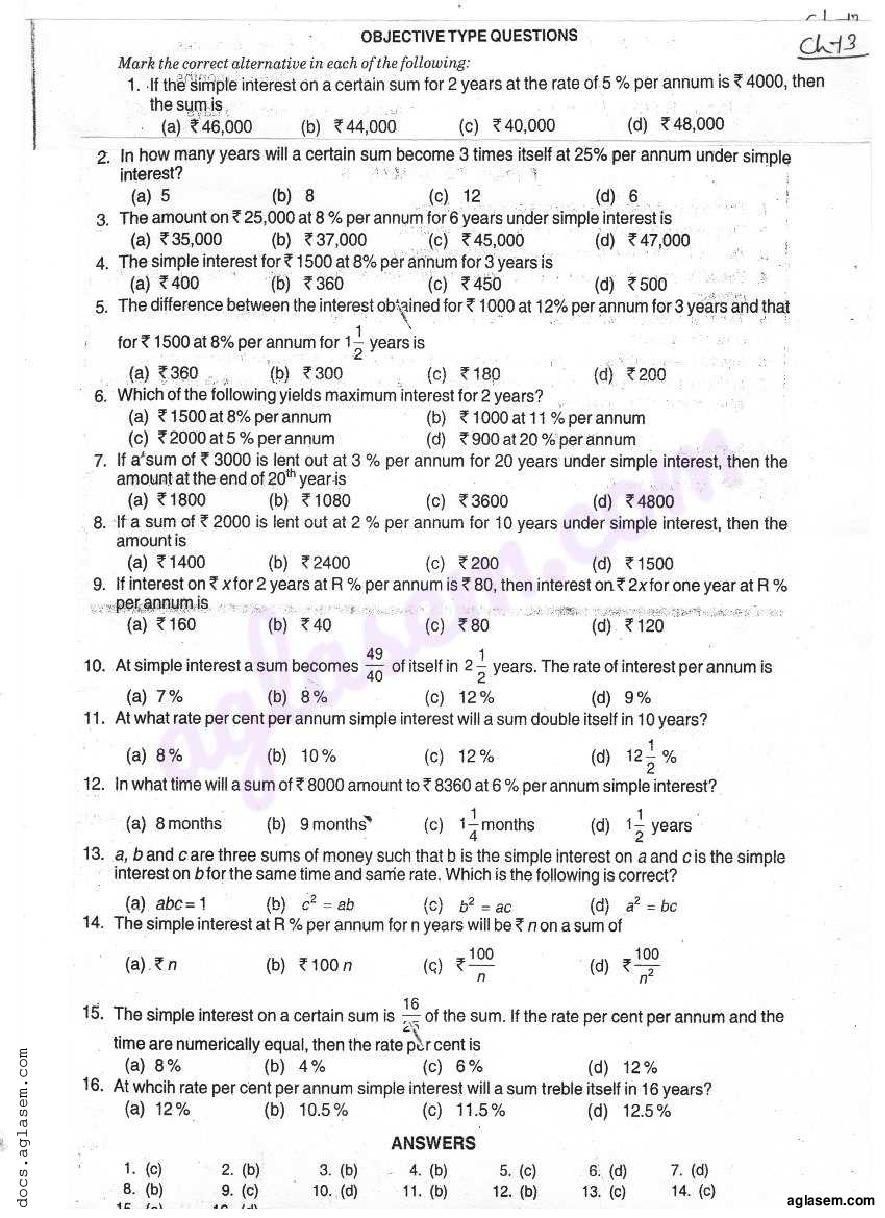 RD Sharma Solutions Class 7 Chapter 13 Simple Interest MCQ RD Sharma Solutions Class 7 Chapter 13 Simple Interest MCQ