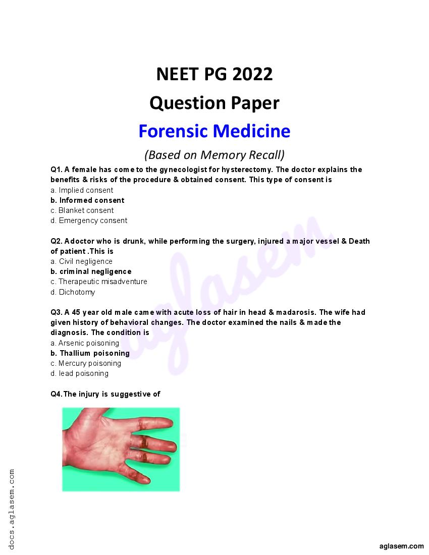 NEET PG 2022 Question Paper Forensic Medicine