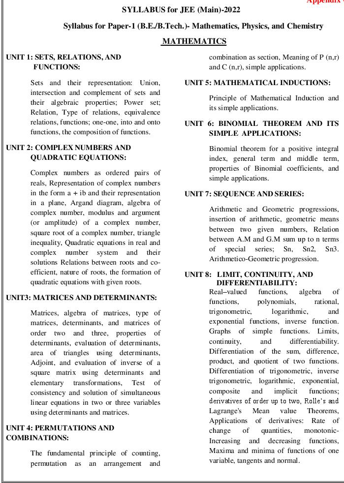 JEE Main 2022 Syllabus Maths JEE Main 2022 Syllabus Maths
