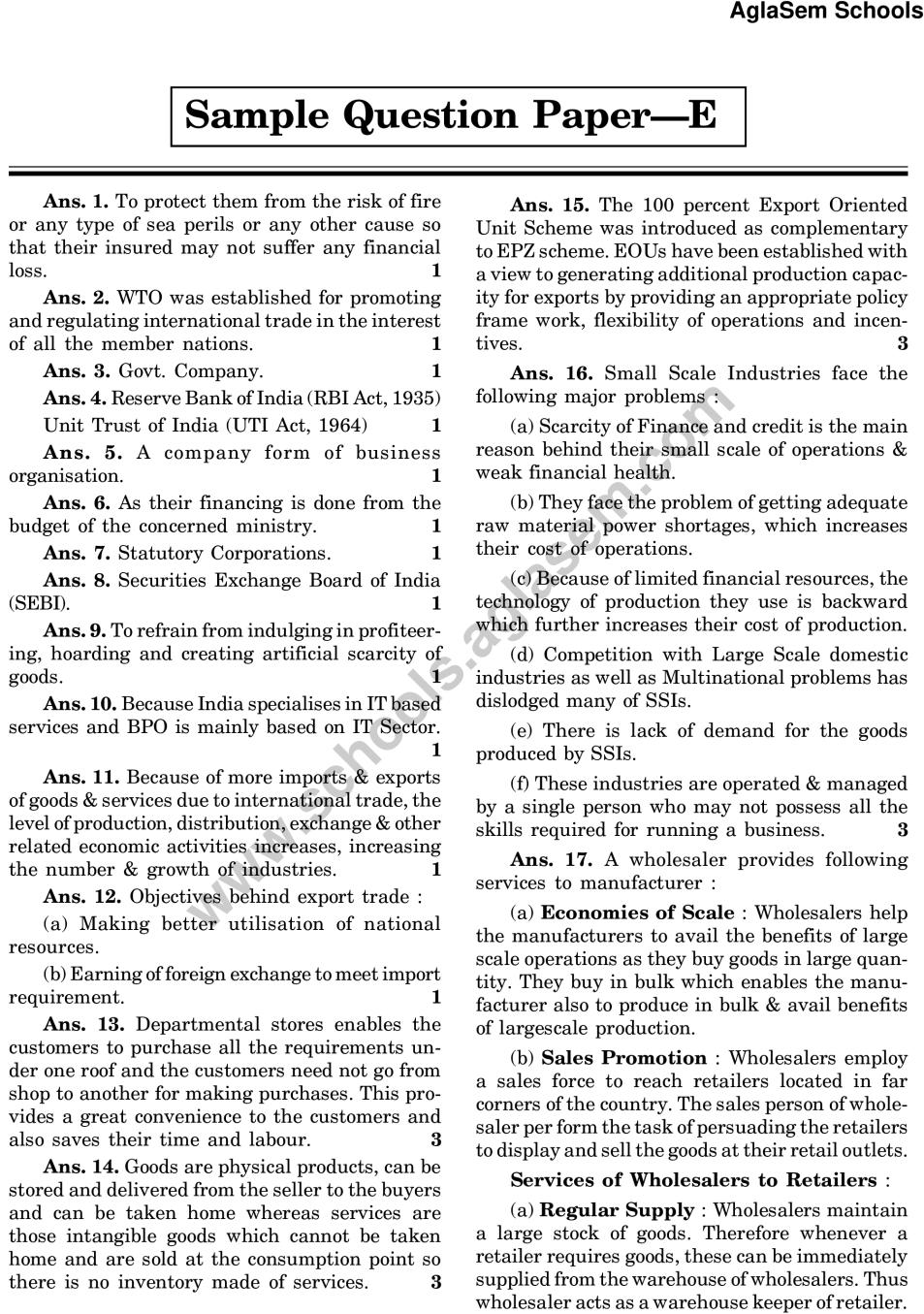 CBSE Class 11 Sample Paper for Busines Studies Set e