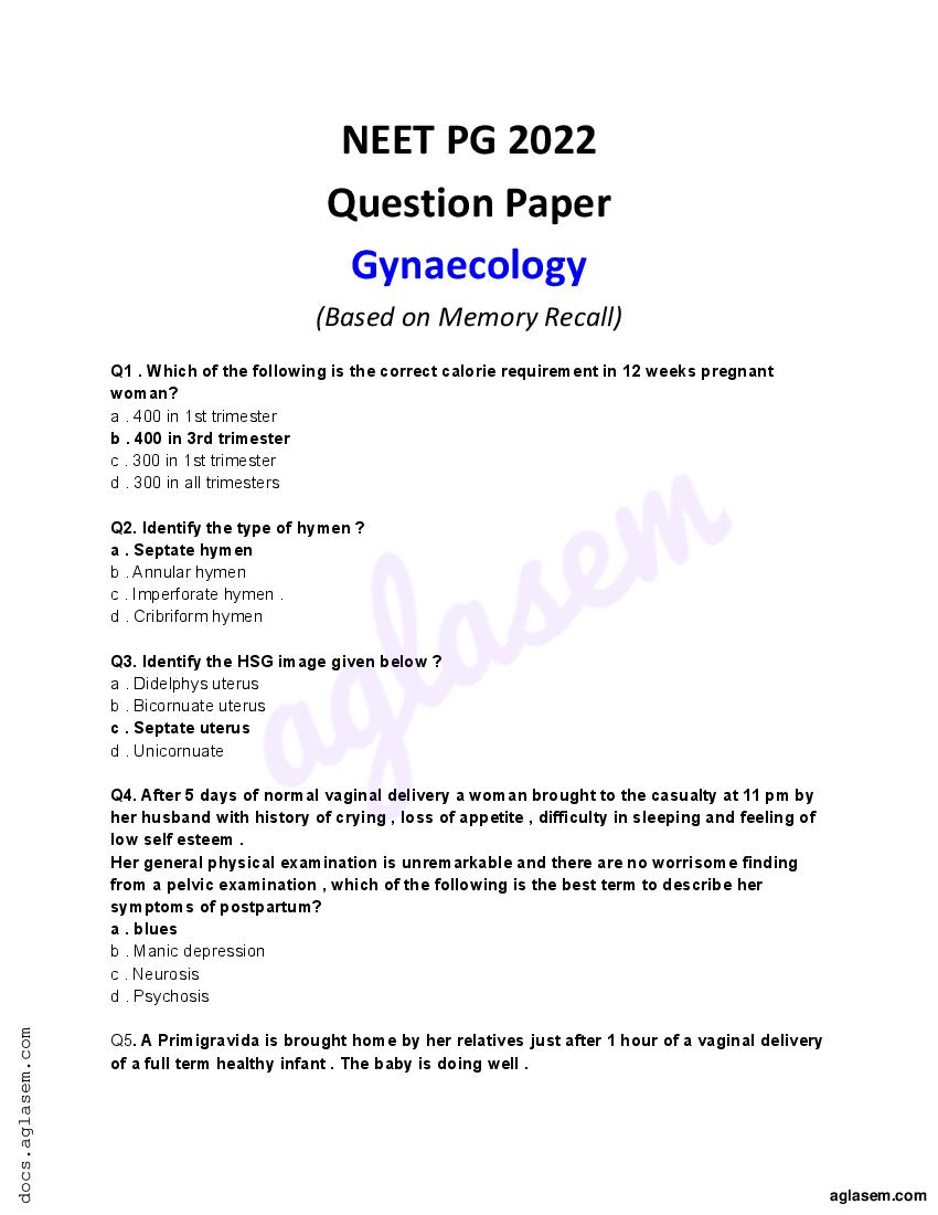 NEET PG 2022 Question Paper Obstetrics And Gynaecology NEET PG 2022 Question Paper Obstetrics And Gynaecology