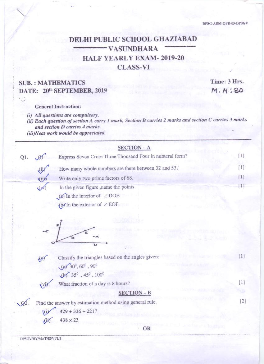 CBSE Class 6 Question Paper 2019 Half Yearly Maths