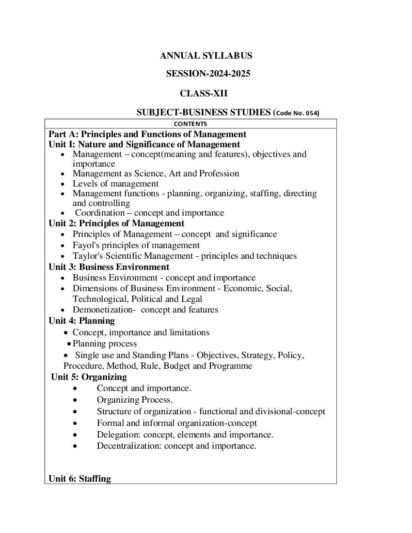 Edudel Syllabus 2025 Class 12 Business Study