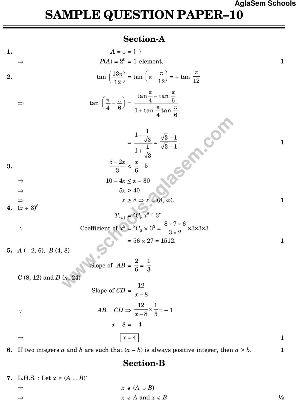 CBSE Class 11 Sample Paper for Mathematics Set 10