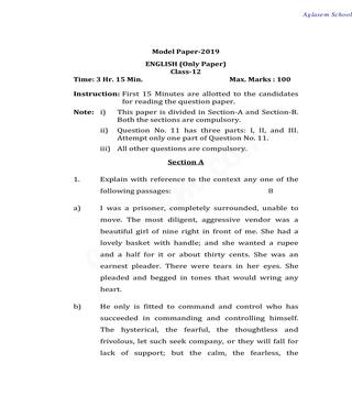 UP Board Class 12 Model Paper 2019 ENGLISH