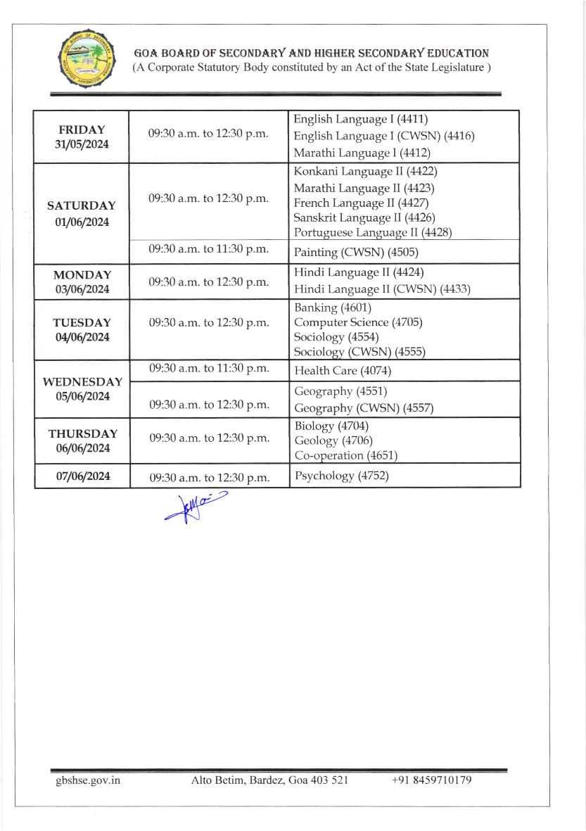 Goa Board HSSC Compartment Exam Time Table 2024 (PDF Out) - Download ...