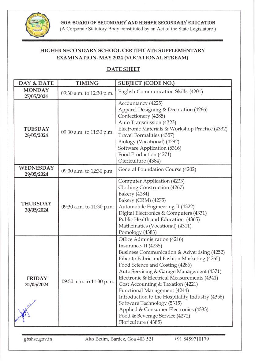 Goa Board HSSC Compartment Exam Time Table 2024 (PDF Out) - Download ...