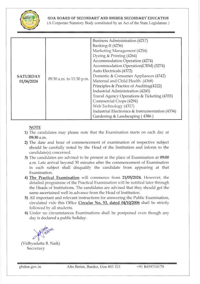 Goa Board HSSC Compartment Exam Time Table 2024 (PDF Out) - Download ...