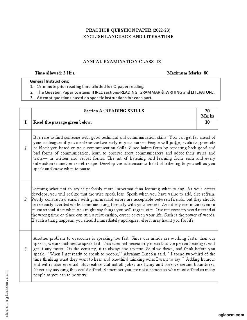 Class 9 English Sample Paper 2024 PDF NCERT Expert