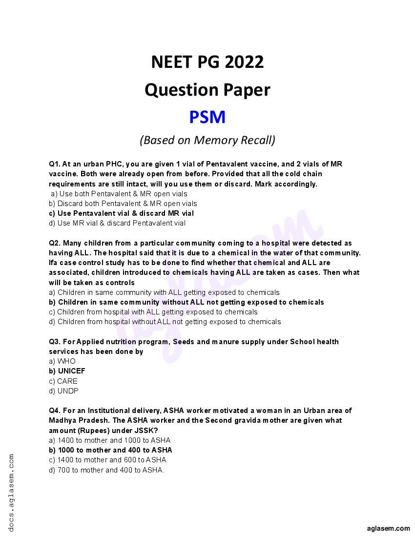 NEET PG 2022 Question Paper PSM NEET PG 2022 Question Paper PSM
