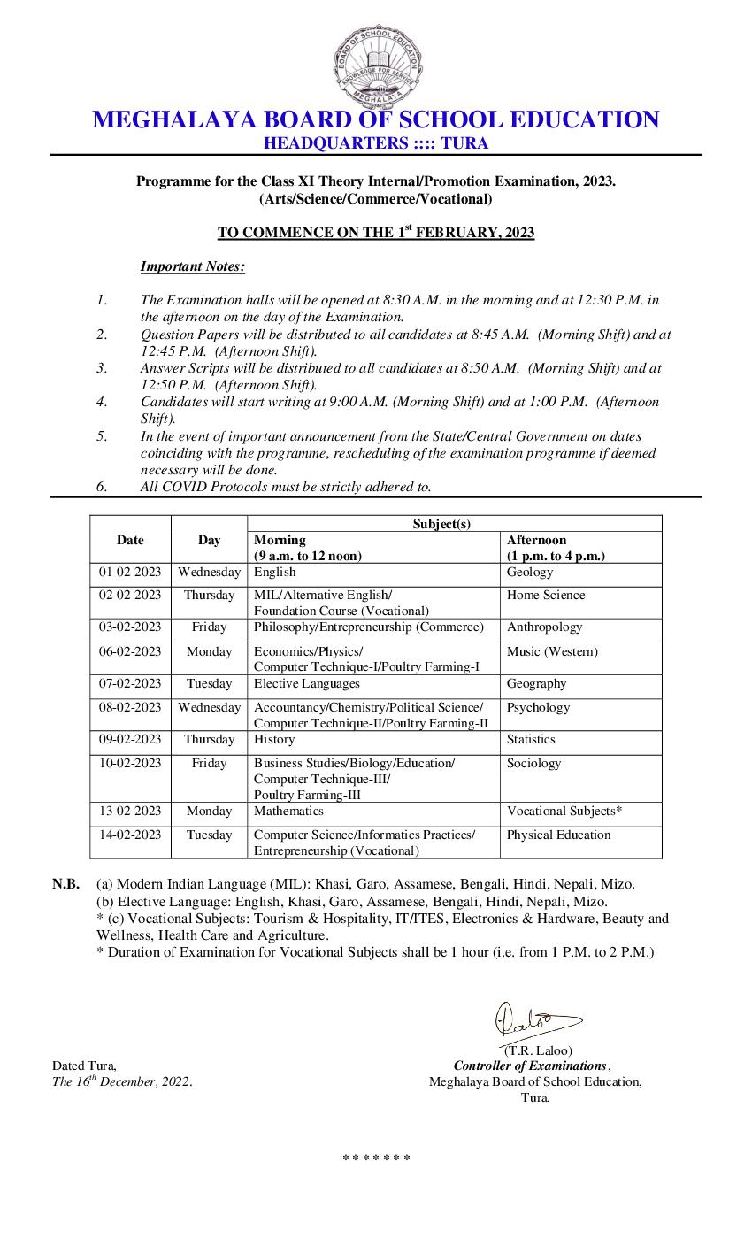 MBOSE Class 11 Routine 2023 MBOSE Class 11 Routine 2023