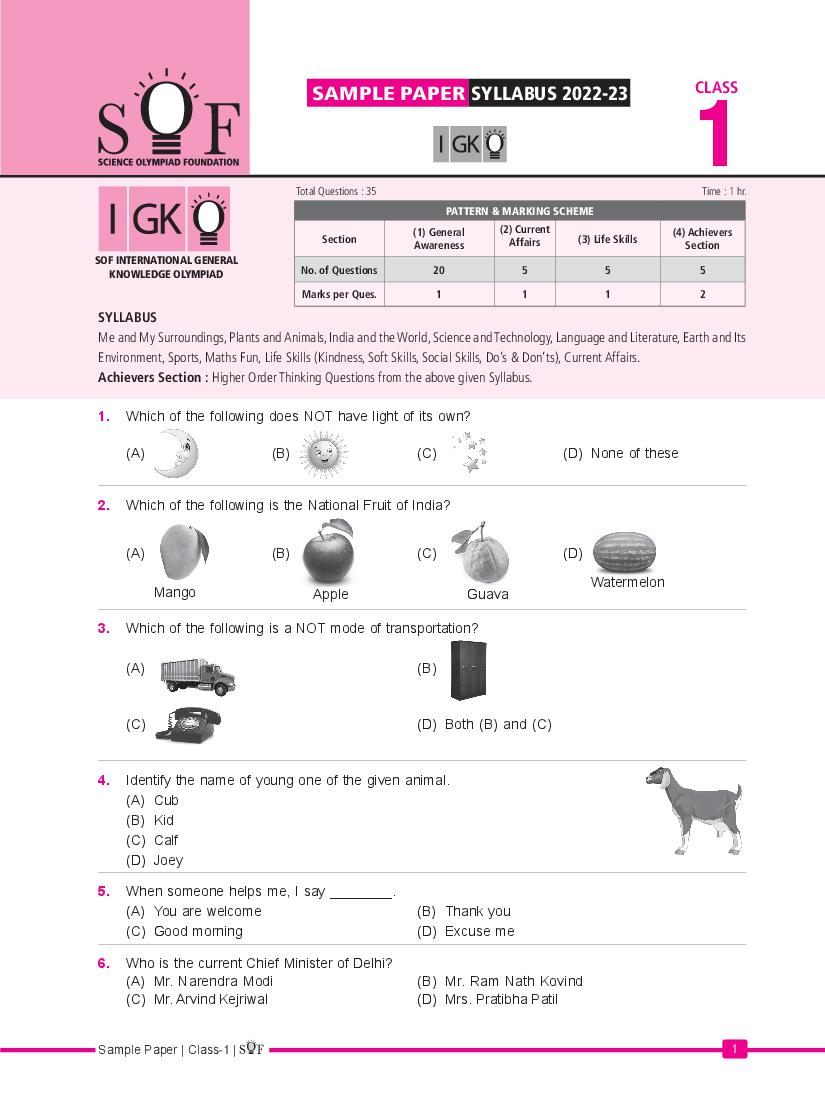 SOF IGKO Sample Paper 2023 Class 1