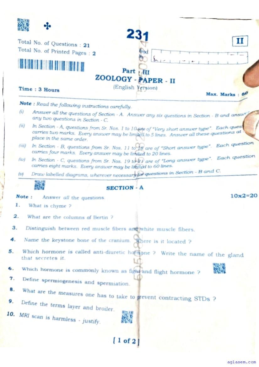 AP Inter 2nd Year Zoology Question Paper 2026 (PDF) - Download AP 12th ...