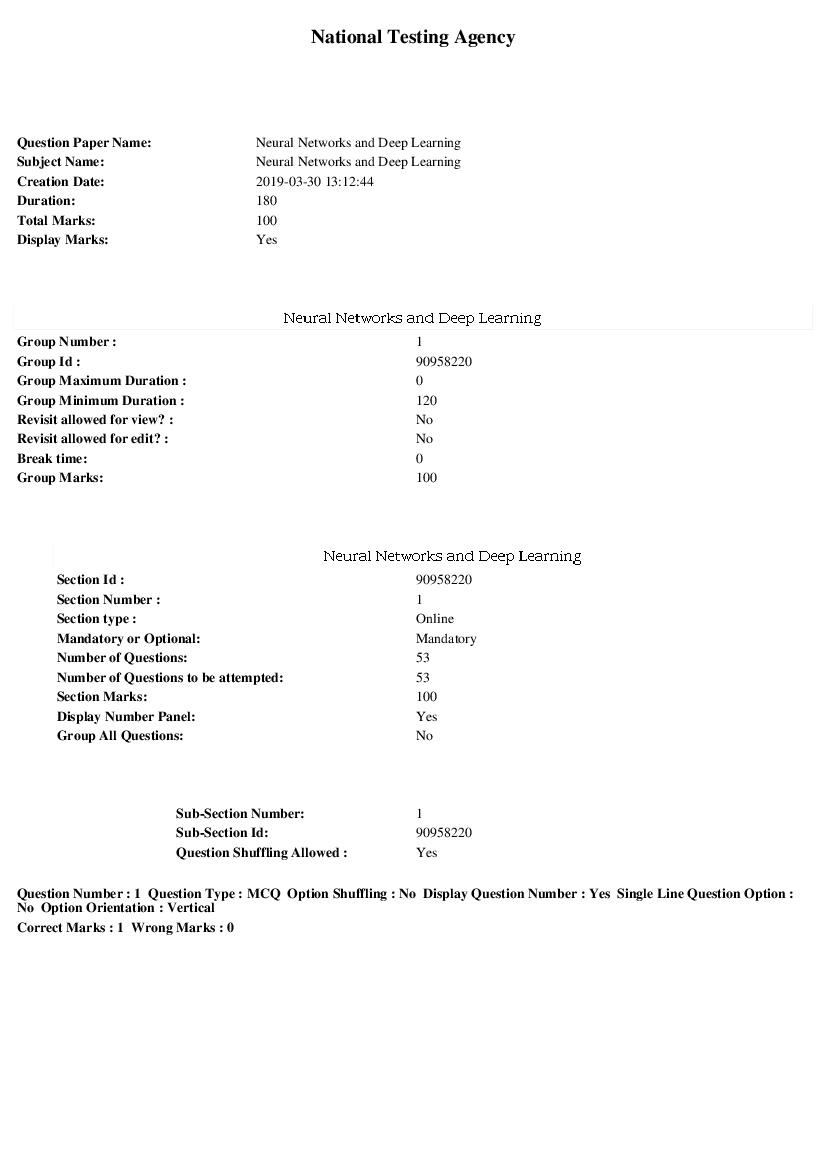 ARPIT 2019 Question Paper for Neural Networks and Deep Learning