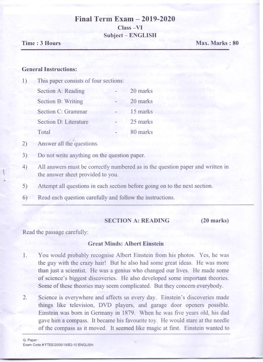 CBSE Class 6 Question Paper Annual Exam English