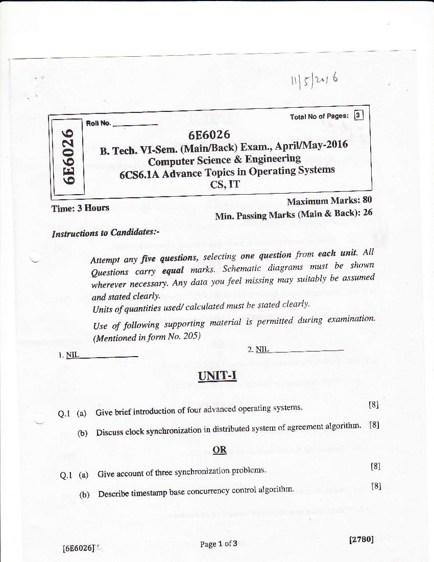 RTU 2016 Question Paper Semester VI Computer Science and Engineering Advance Topics in Operating ...