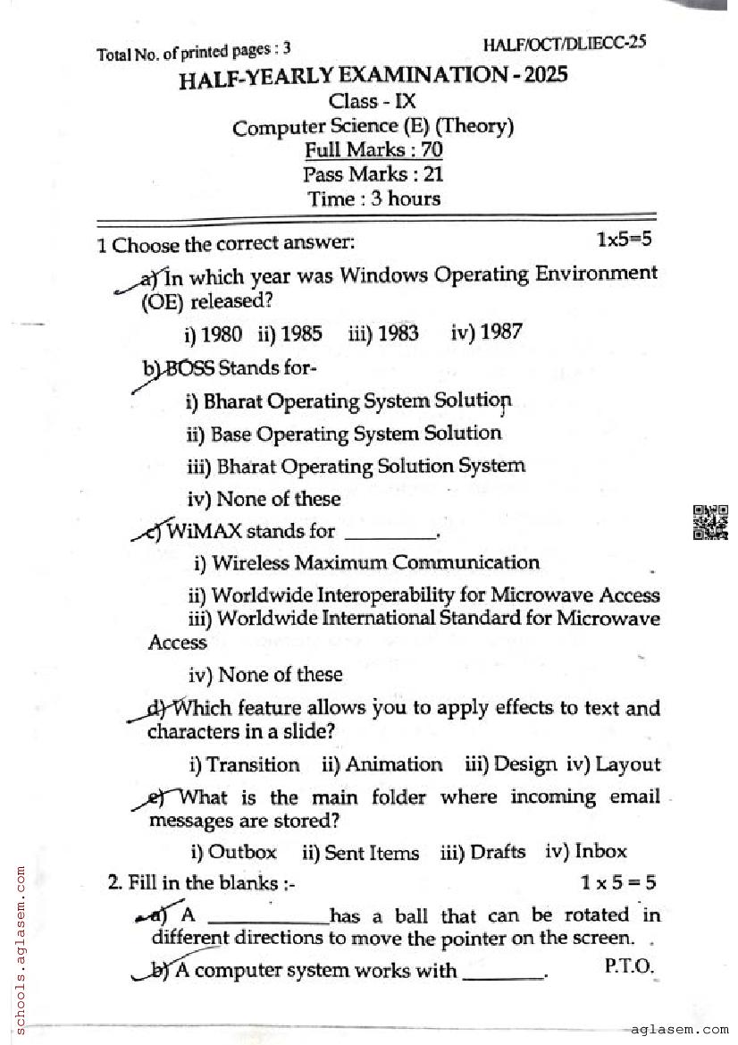 Assam Class 9 Computer Science Half Yearly Question Paper 2025 | Download SEBA 9th Std Half ...