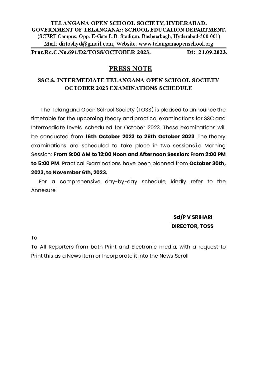 TOSS Inter Time Table 2023 (October)