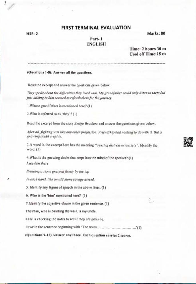 Class 12 English Onam Exam Question Paper 2024 | Kerala Std 12 First ...