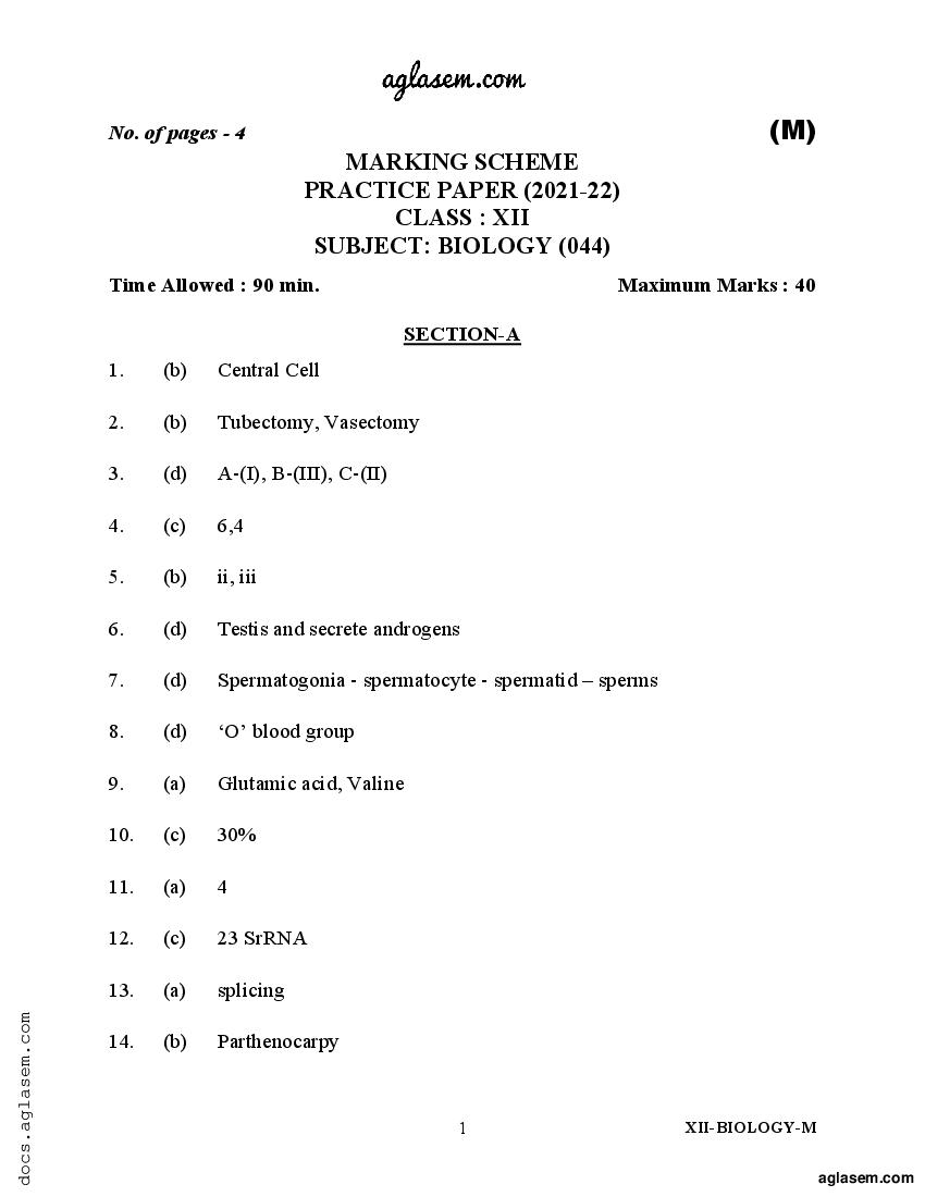 Class 12 Sample Paper 2022 Solution Biology Term 1 Class 12 Sample Paper 2022 Solution Biology Term 1