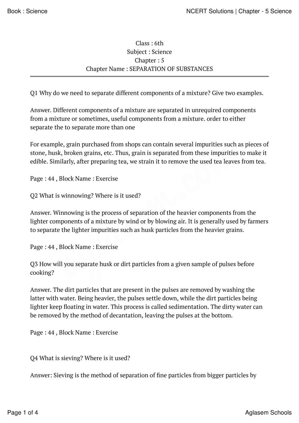 NCERT Solutions For Class 6 Science Chapter 3 Separation Of Substances NCERT Solutions For Class 6 Science Chapter 3 Separation Of Substances