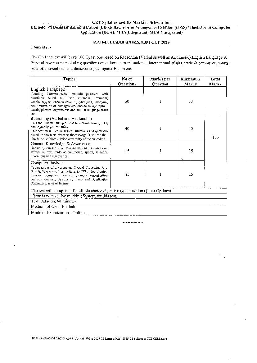 MAH BCA BBA BMS BBM CET Syllabus 2025 (PDF Out) - Download Here - AglaSem Admission