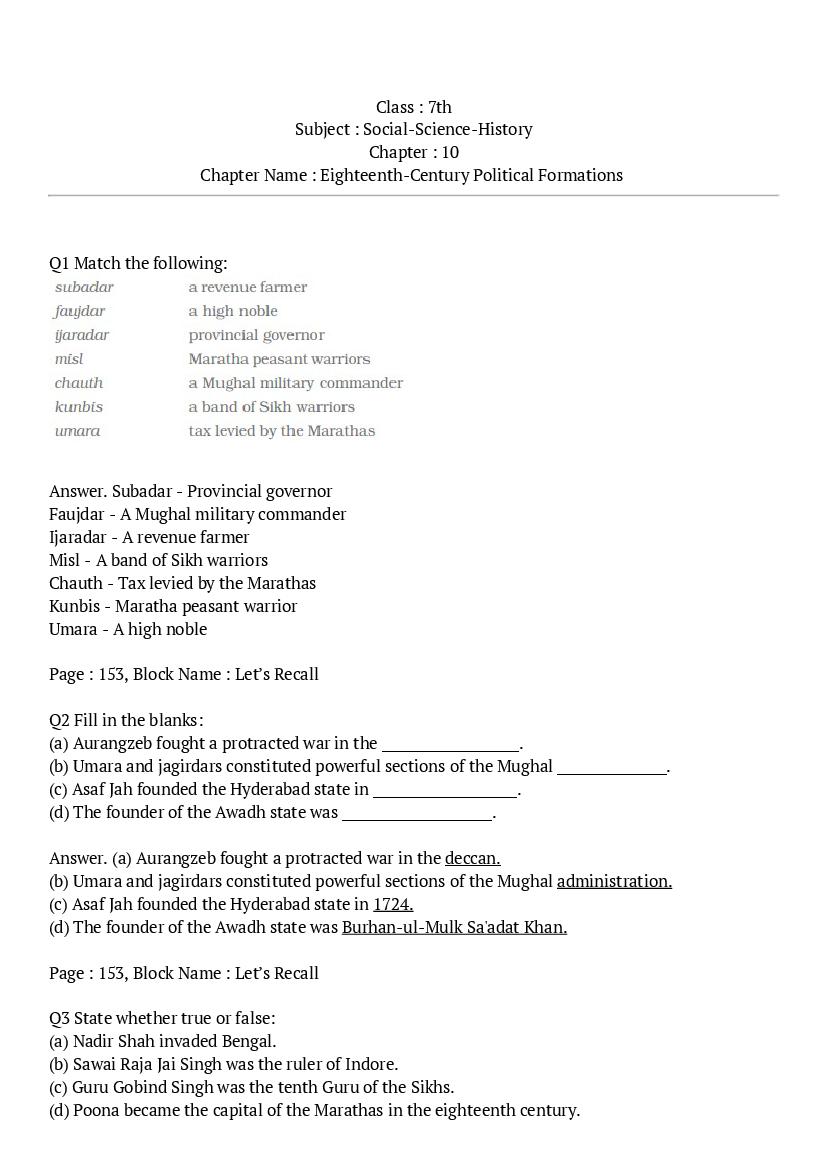 NCERT Solutions For Class 7 History Chapter 8 Eighteenth Century