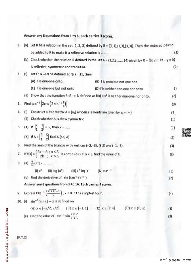 Class 12 Mathematics Onam Exam Question Paper 2024 | Kerala Std 12 ...