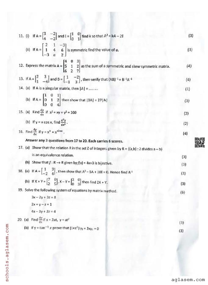 Class 12 Mathematics Onam Exam Question Paper 2024 | Kerala Std 12 ...