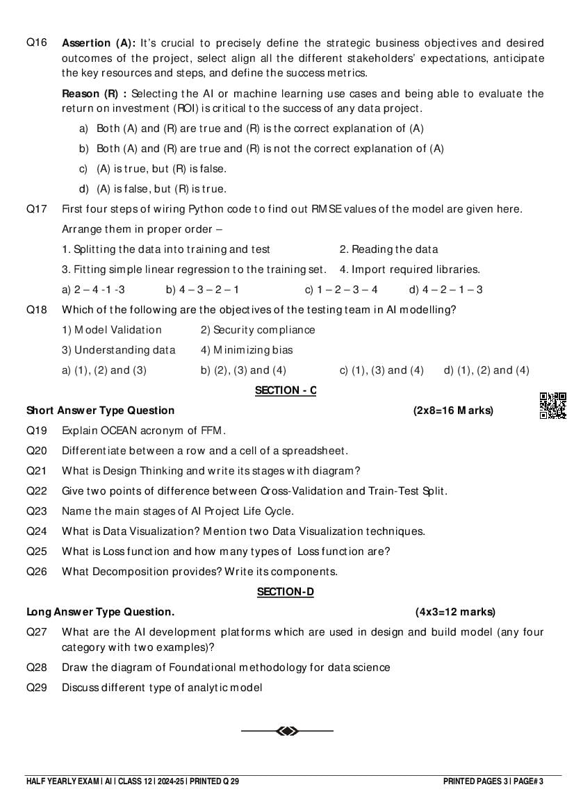 Class 12 Artificial Intelligence Half Yearly Question Paper 2024-25 | Download 12th Half Yearly ...