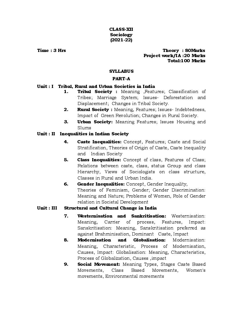 PSEB Syllabus 2021 22 For Class 12 Sociology