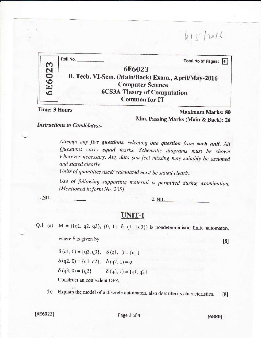 RTU 2016 Question Paper Semester VI Computer Science and Engineering Theory of Computation