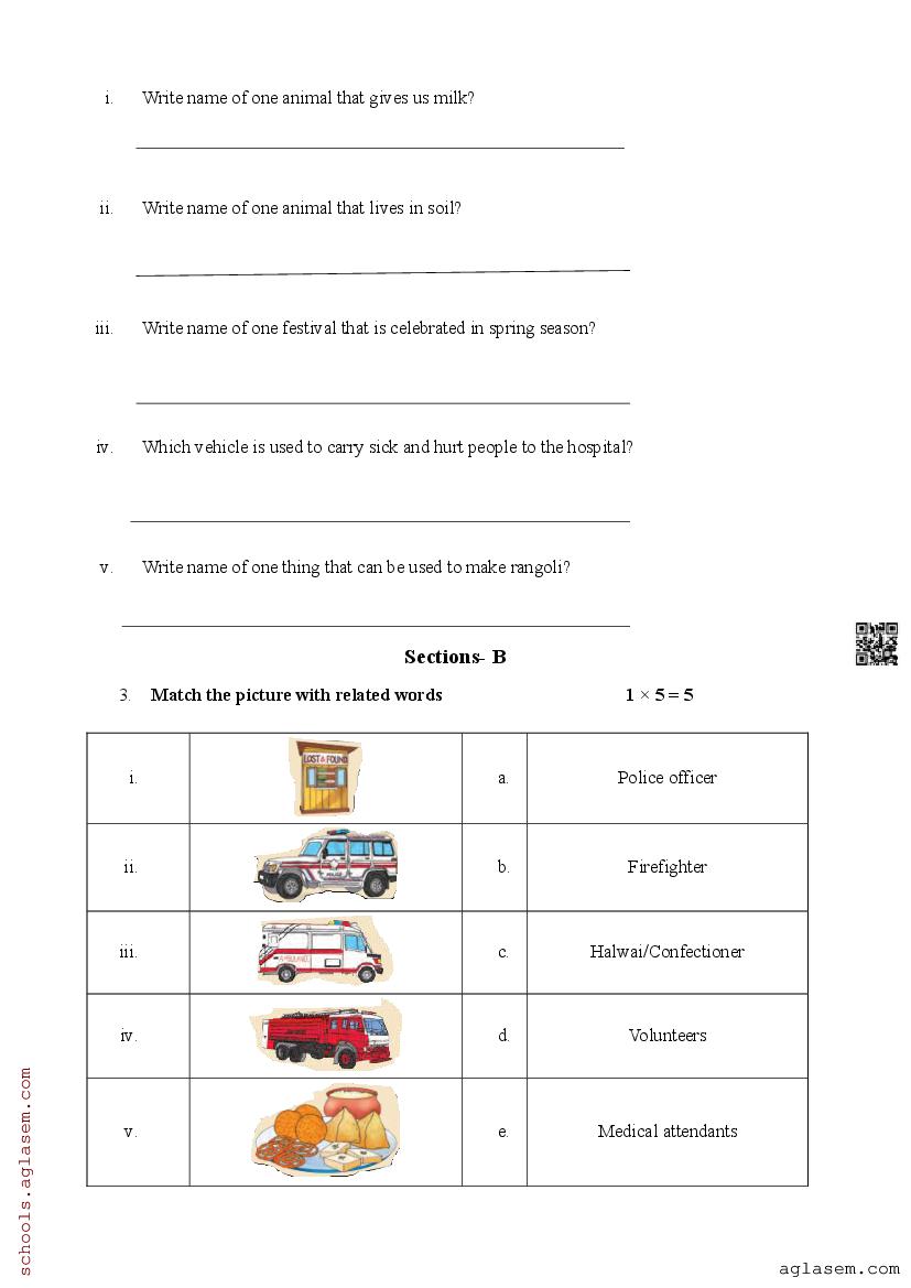 Class 3 EVS Mid Term Sample Paper 2025 PDF | Download PT1 / Term 1 Practice Paper - AglaSem