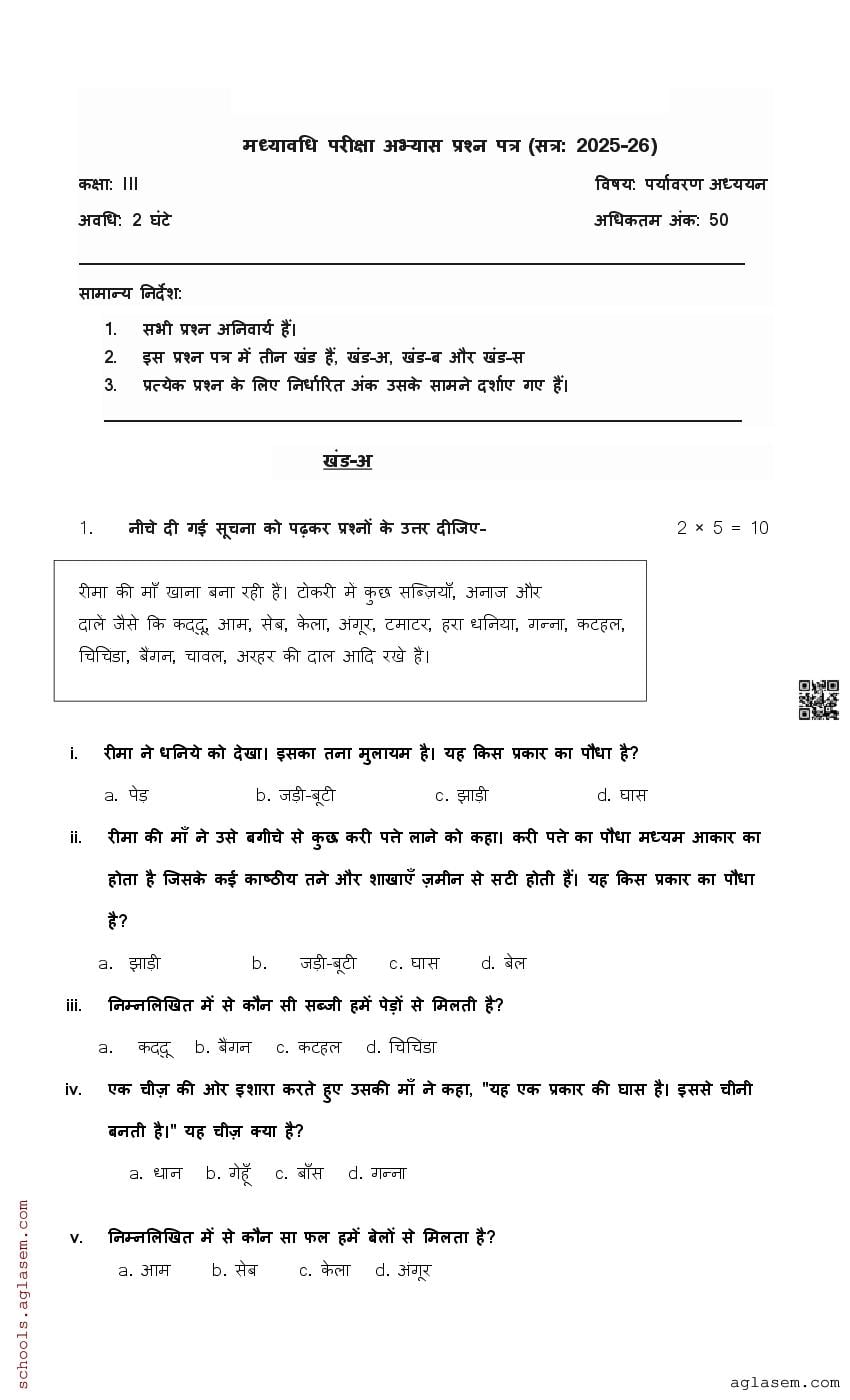 Class 3 EVS Mid Term Sample Paper 2025 PDF | Download PT1 / Term 1 Practice Paper - AglaSem