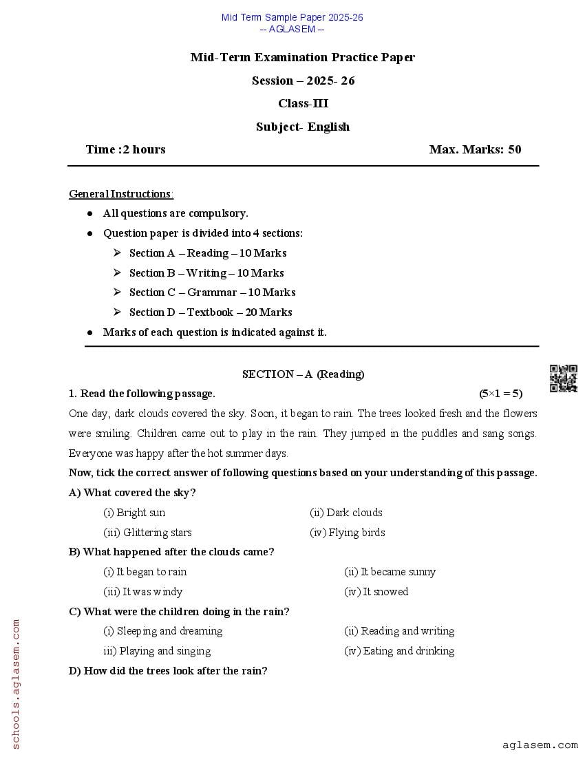 Class 3 English Mid Term Sample Paper 2025 PDF | Download PT1 / Term 1 Practice Paper - AglaSem