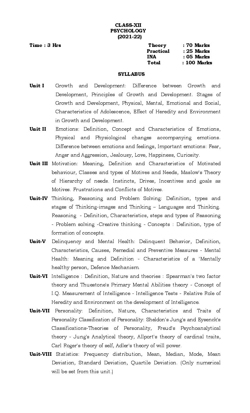 PSEB Syllabus 2021 22 For Class 12 Psychology PSEB Syllabus 2021 22 For Class 12 Psychology