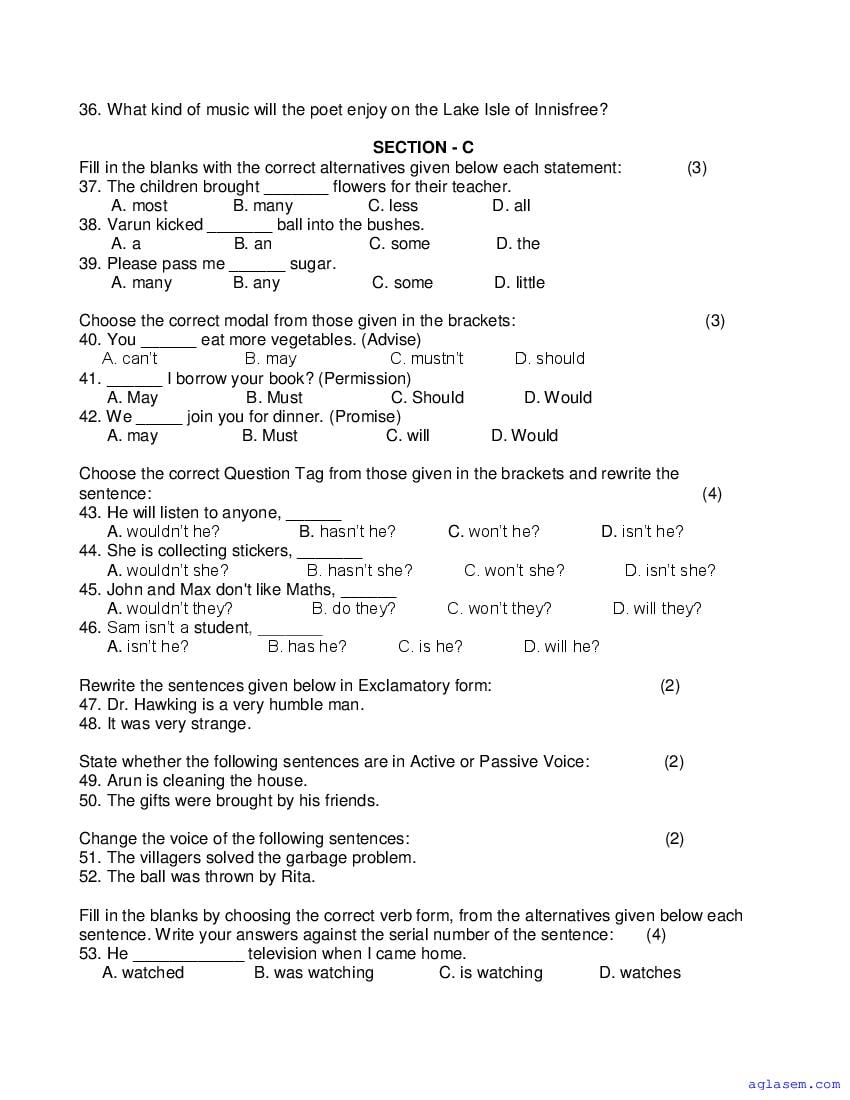 Goa Board Class 9 English Basic Model Question Paper 2026 (PDF) - AglaSem
