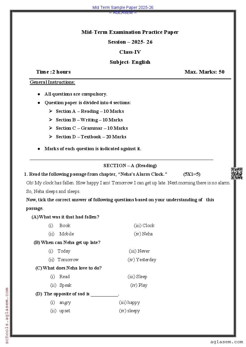 Class 4 English Mid Term Sample Paper 2025 PDF | Download PT1 / Term 1 Practice Paper - AglaSem