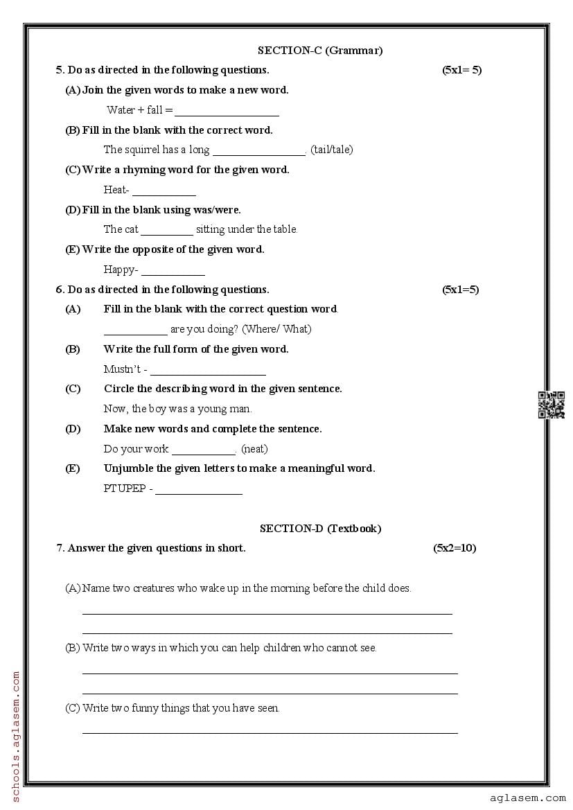 Class 4 English Mid Term Sample Paper 2025 PDF | Download PT1 / Term 1 ...