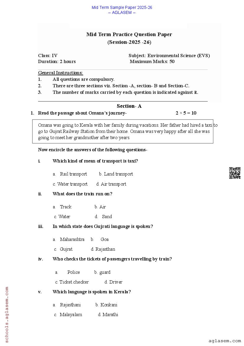 Class 4 EVS Mid Term Sample Paper 2025 PDF | Download PT1 / Term 1 ...