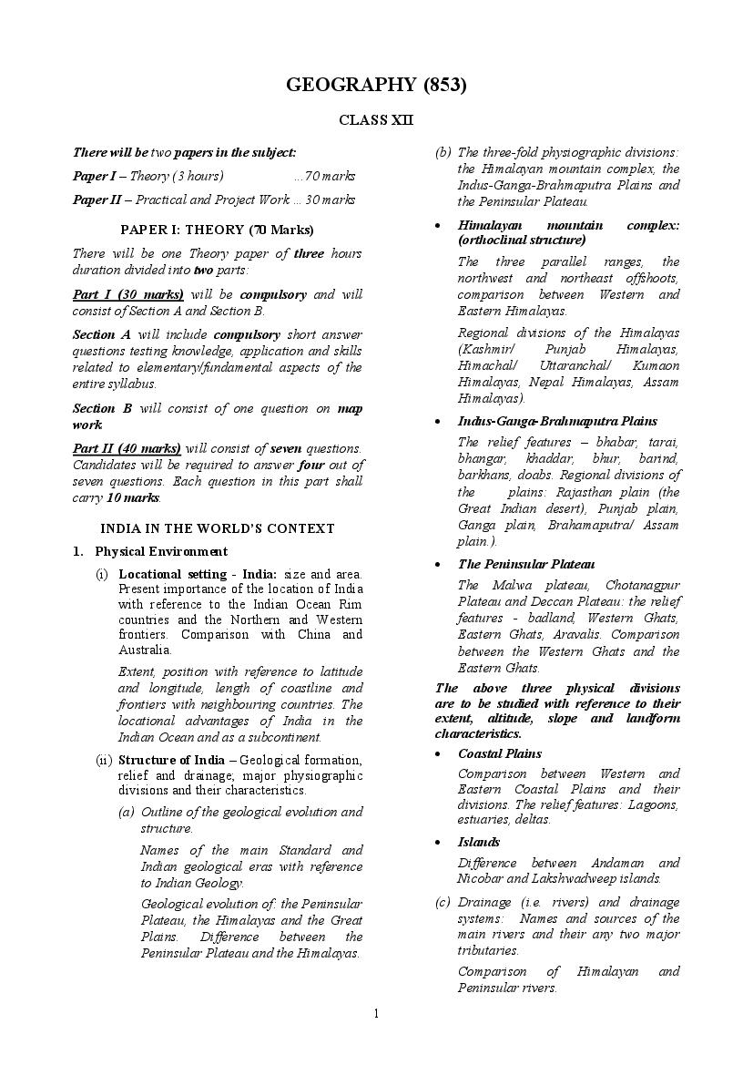 ISC Class 12 Syllabus 2022 Geography