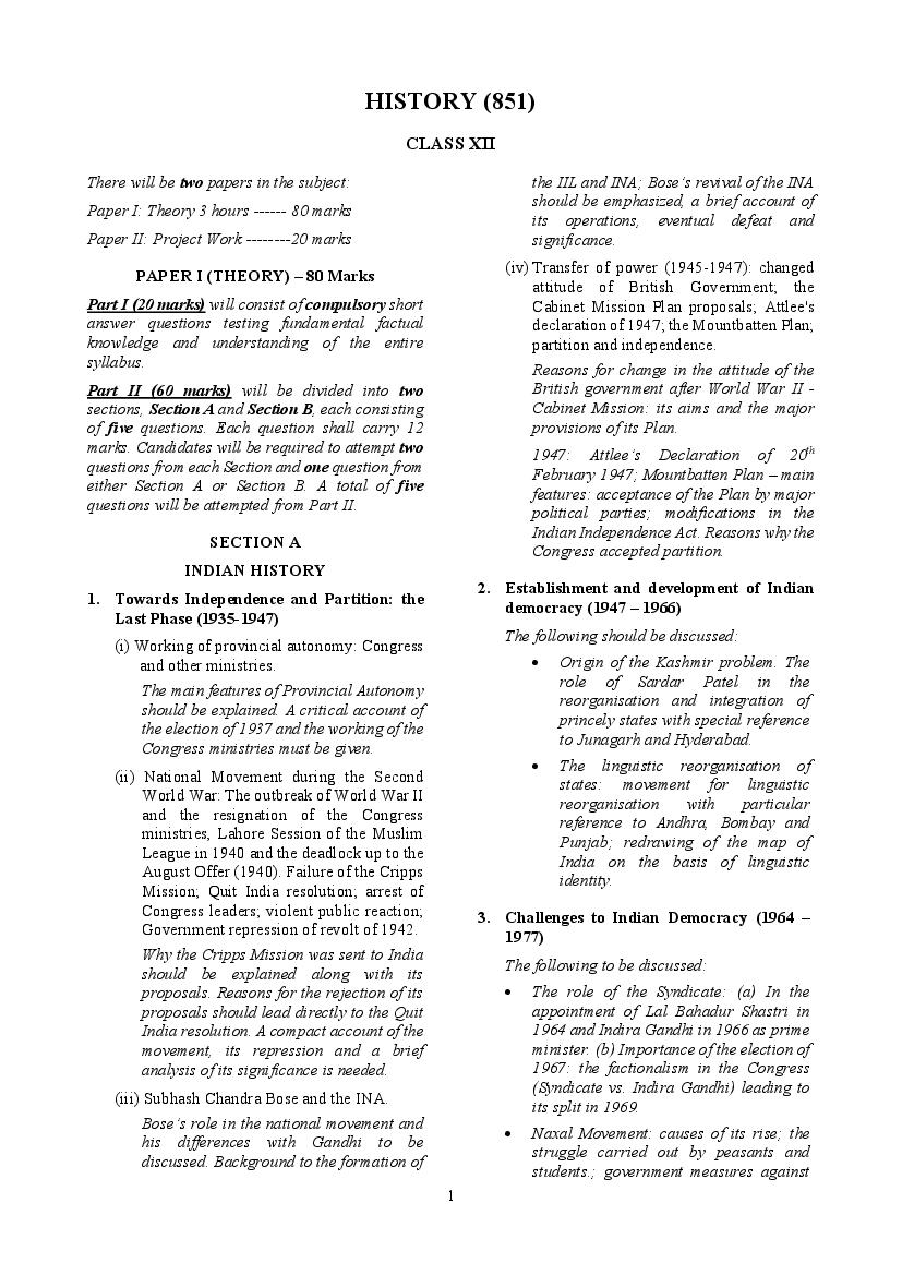 ISC History Syllabus 2022 For Class 11 Class 12 AglaSem Schools