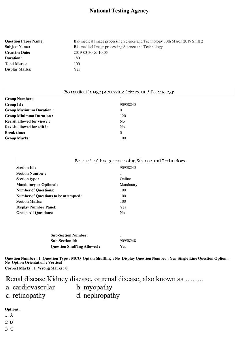 ARPIT 2019 Question Paper for Bio medical Image processing Science and ...