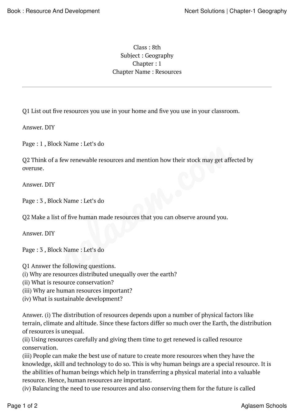 NCERT Solutions Class 8 Social Science Geography Chapter 1 Resources NCERT Solutions Class 8 Social Science Geography Chapter 1 Resources