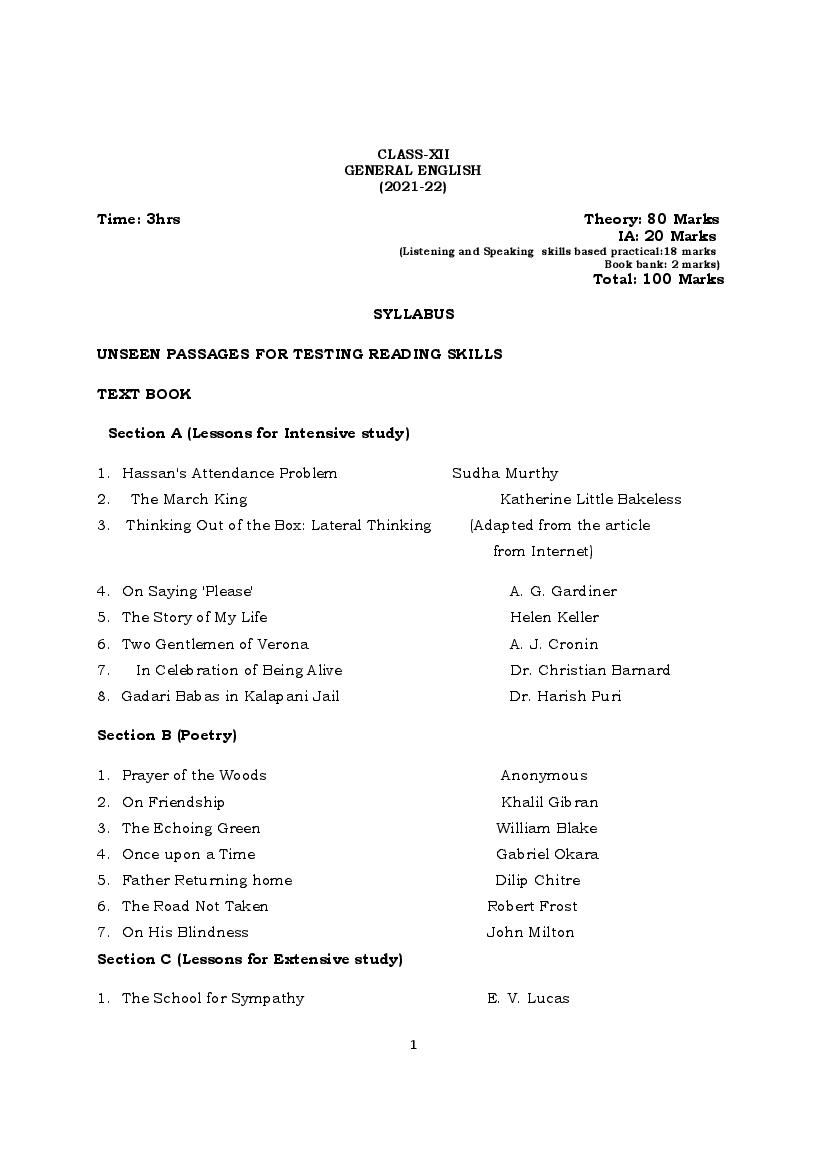 PSEB Syllabus 2021 22 For Class 12 General English