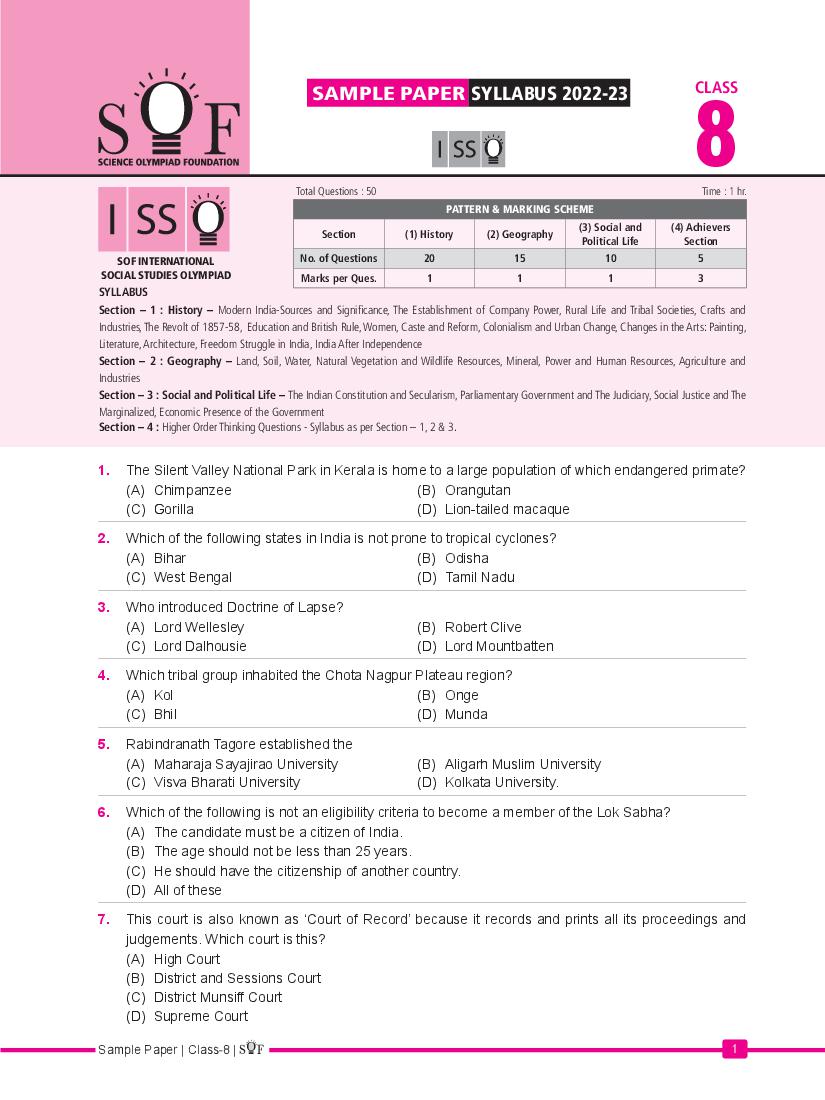 SOF ISSO Sample Paper 2023 Class 8