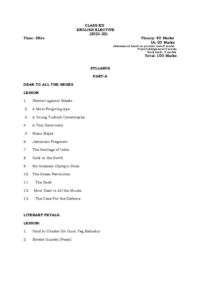 PSEB Syllabus 2021 22 For Class 12 English Elective