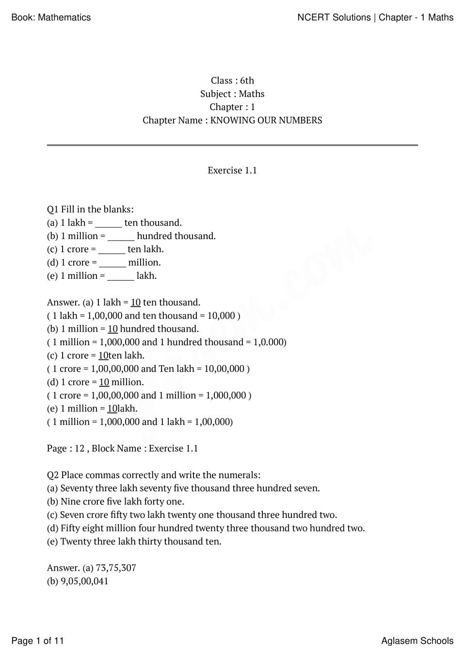 NCERT Solutions Class 6 Mathematics Chapter 1 Knowing Our Numbers